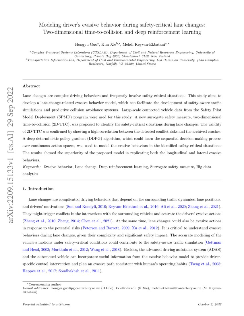 Modeling driver's evasive behavior during safety-critical lane changes:Two-dimensional time-to ...