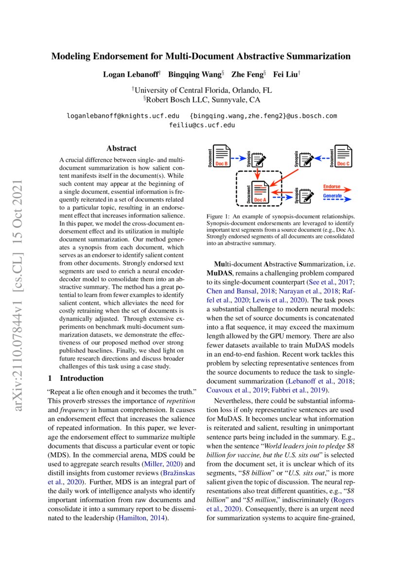 Modeling Endorsement For Multi Document Abstractive Summarization Deepai