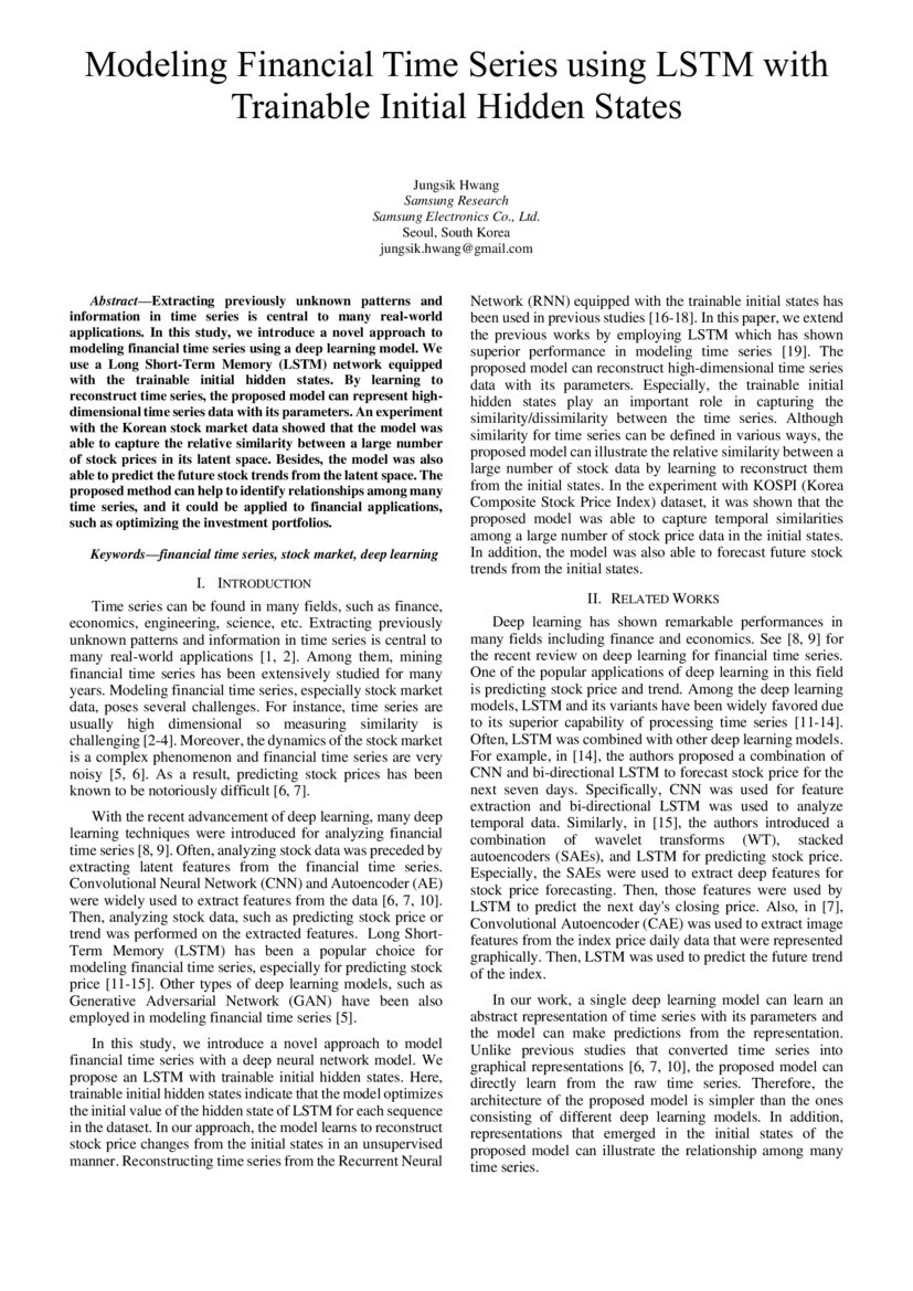Modeling Financial Time Series Using Lstm With Trainable Initial Hidden States Deepai