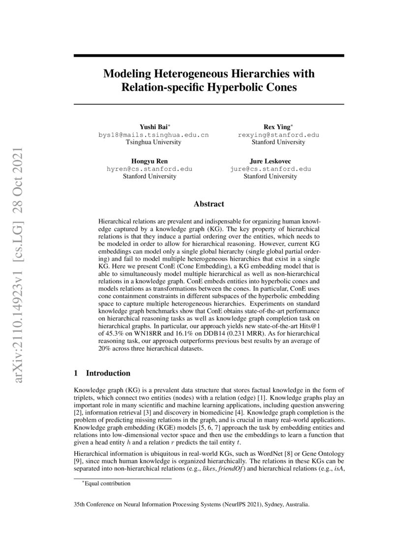 Modeling Heterogeneous Hierarchies With Relation Specific Hyperbolic Cones Deepai