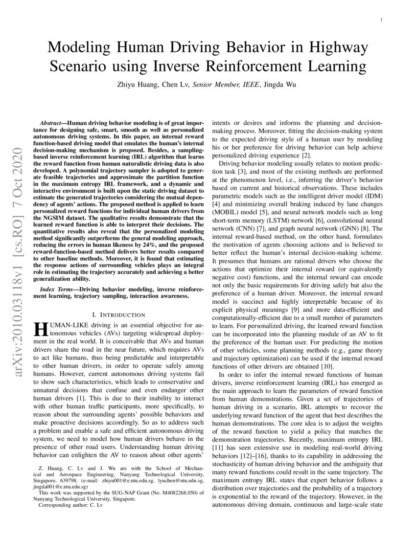 Modeling Human Driving Behavior in Highway Scenario using Inverse Reinforcement Learning | DeepAI