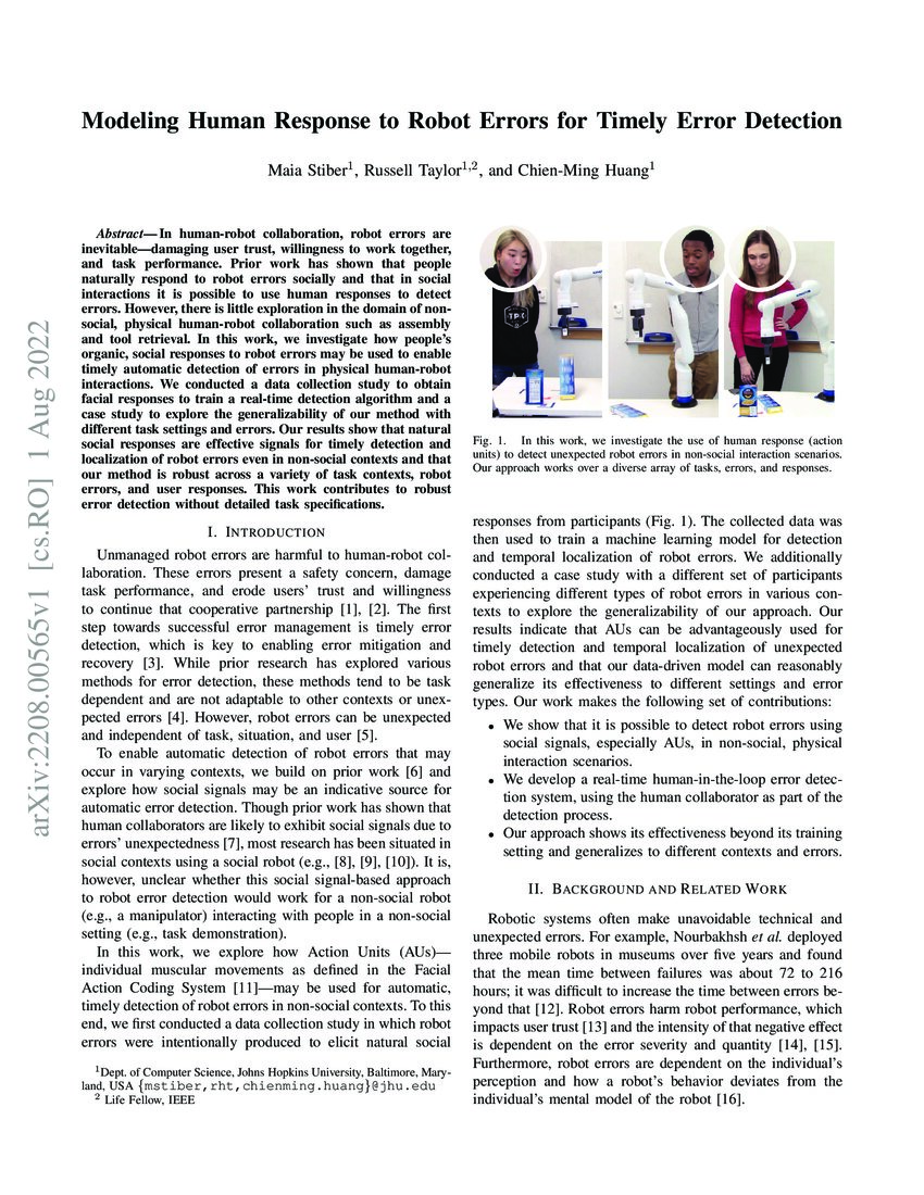 Modeling Human Response to Robot Errors for Timely Error Detection | DeepAI Modeling Human Response to Robot Errors for Timely Error Detection | DeepAI