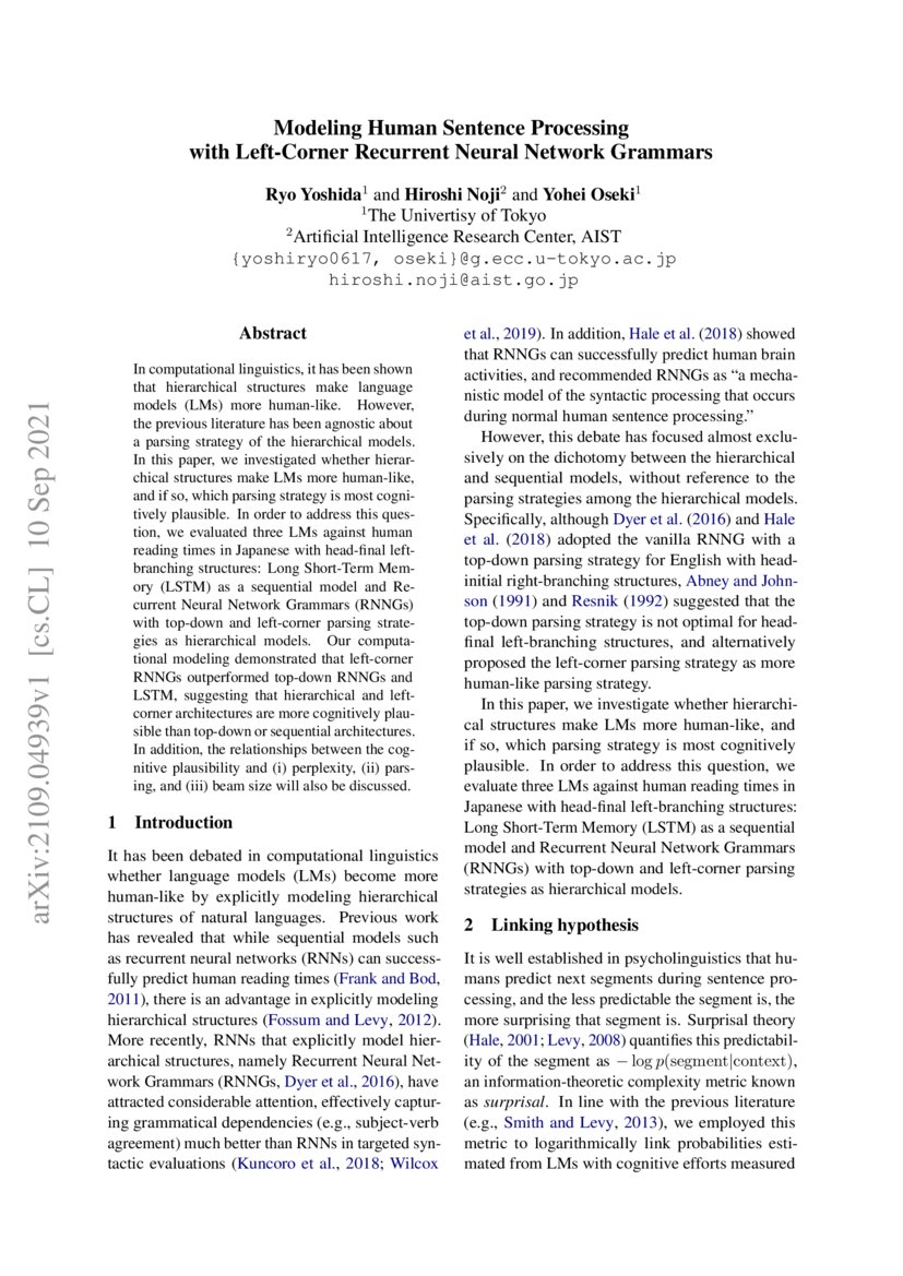 Modeling Human Sentence Processing with Left-Corner Recurrent Neural ...