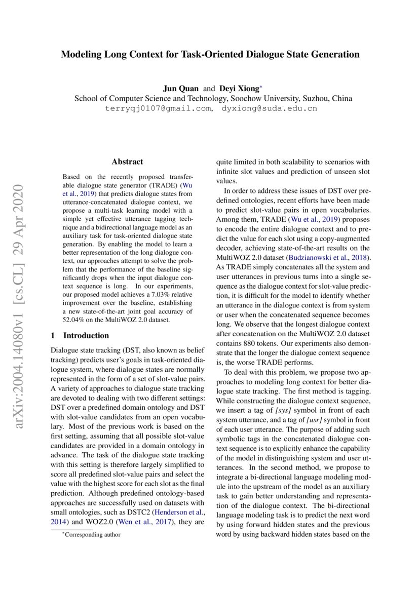 Modeling Long Context For Task Oriented Dialogue State Generation Deepai