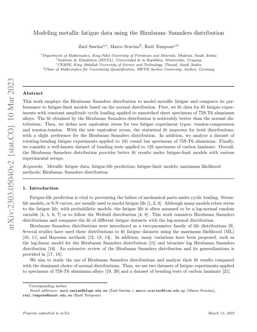 Modeling Metallic Fatigue Data Using The Birnbaum Saunders Distribution Deepai