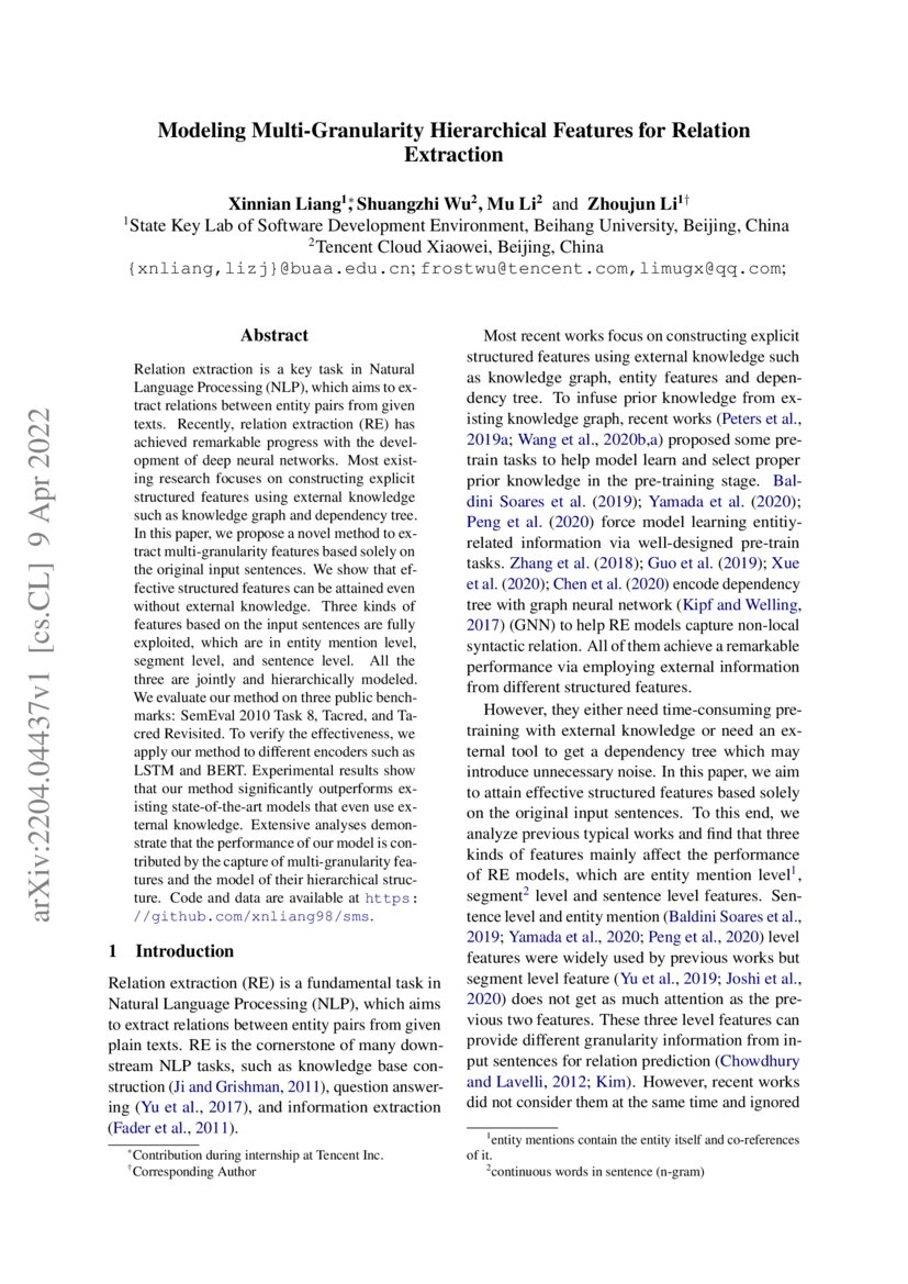 Modeling Multi-Granularity Hierarchical Features for Relation Extraction | DeepAI
