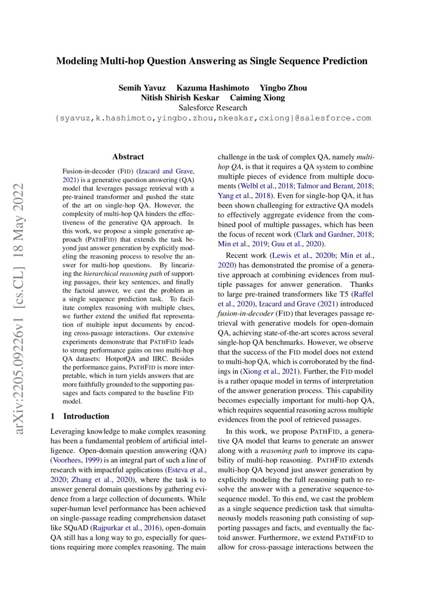 Modeling Multi Hop Question Answering As Single Sequence Prediction Deepai 8079