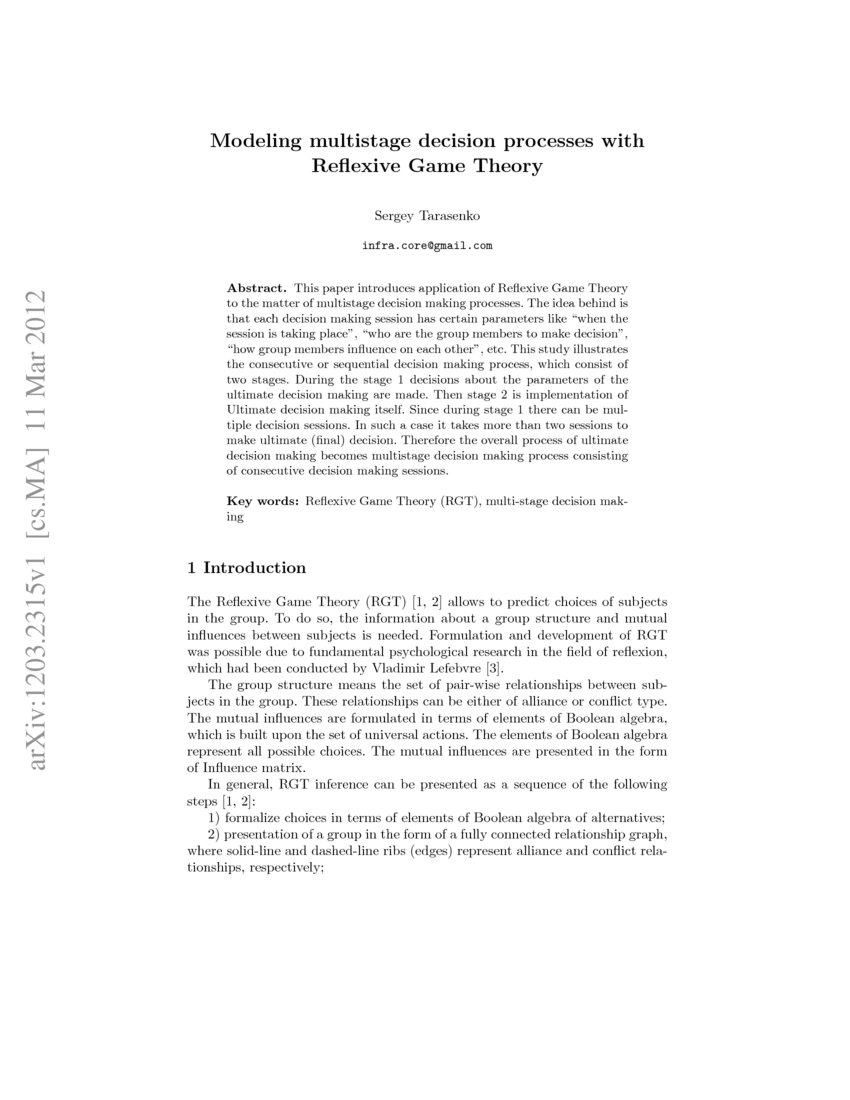 Modeling multistage decision processes with Reflexive Game Theory | DeepAI