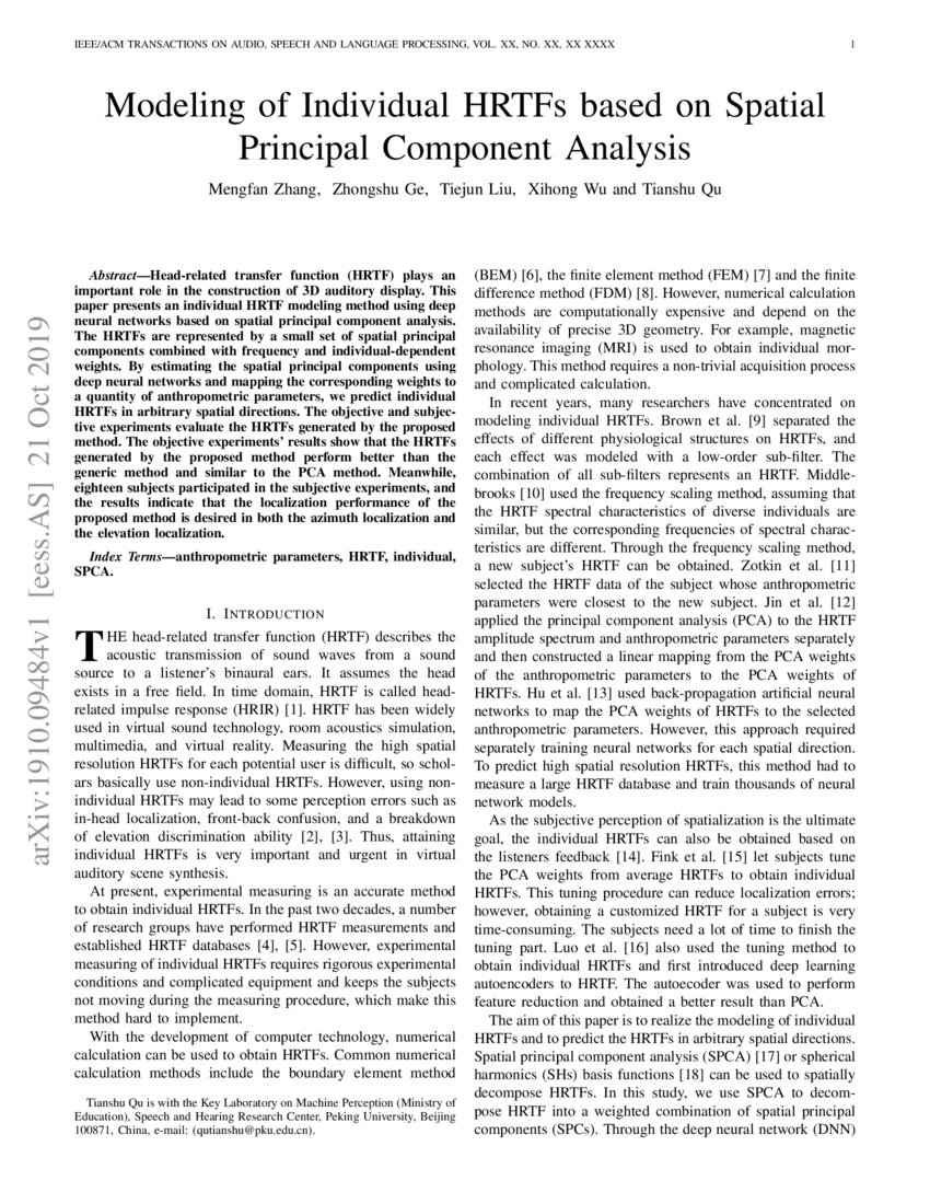 Modeling of Individual HRTFs based on Spatial Principal Component Analysis | DeepAI