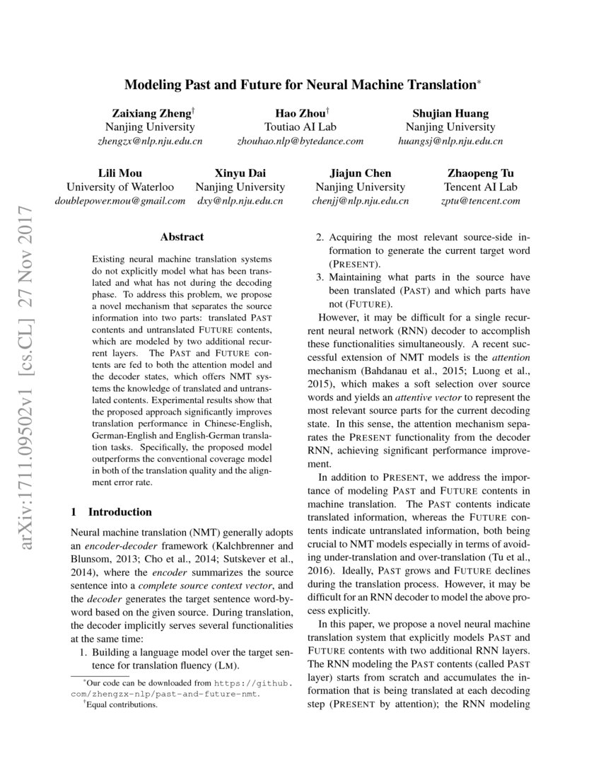 Modeling Past and Future for Neural Machine Translation | DeepAI