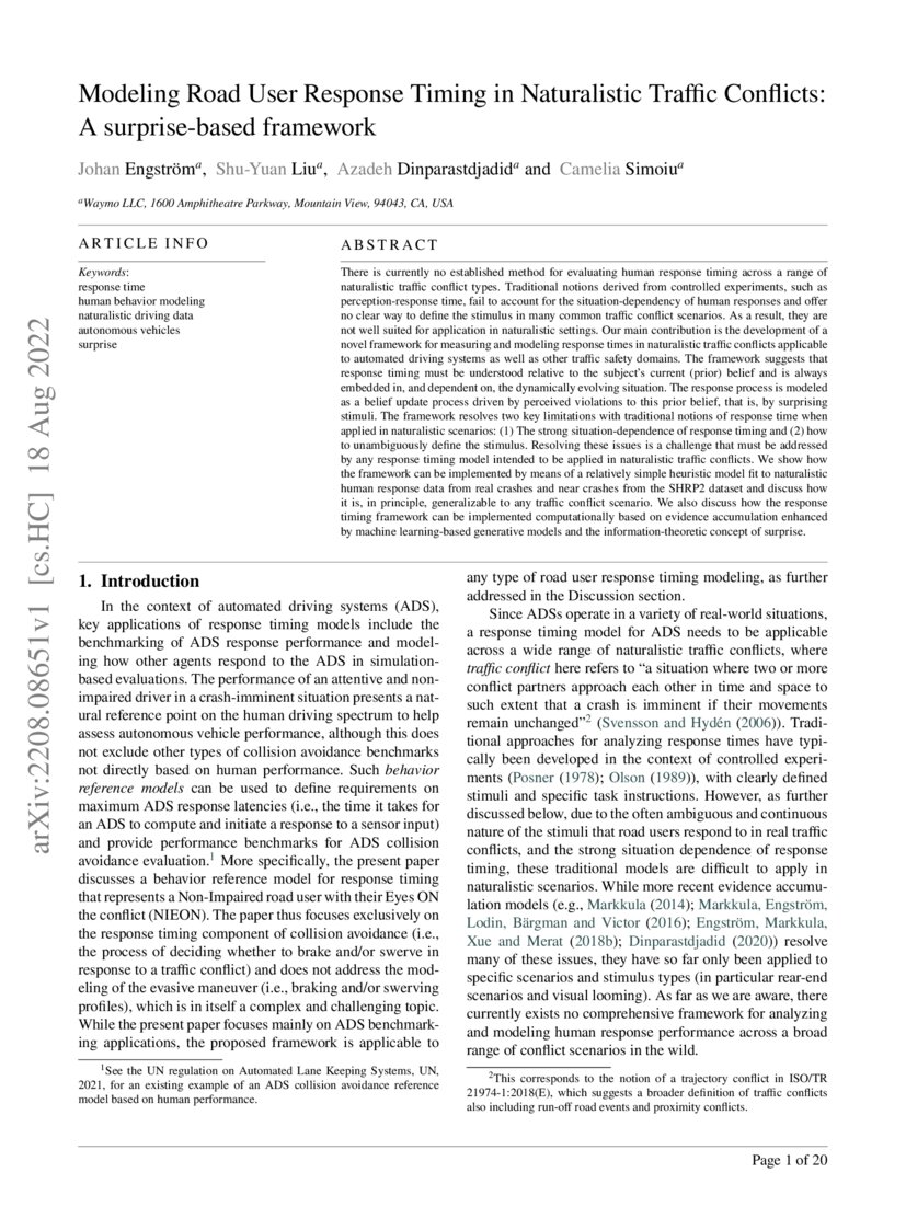 Modeling Road User Response Timing In Naturalistic Settings A Surprise Based Framework Deepai