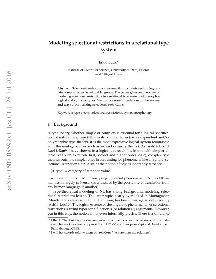 Modeling Selectional Restrictions In A Relational Type System Deepai