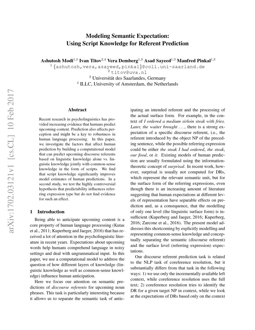 Modeling Semantic Expectation Using Script Knowledge For Referent Prediction Deepai