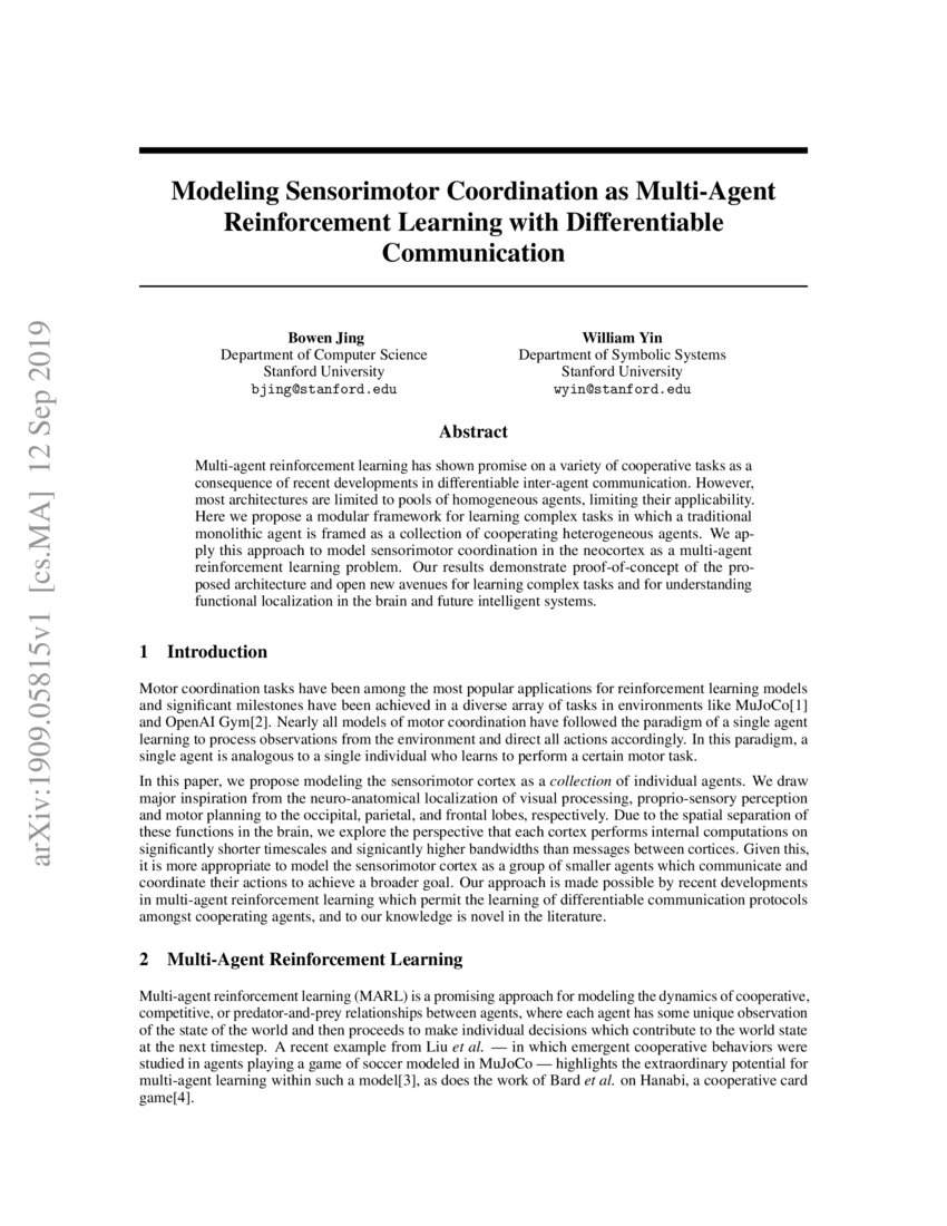 Modeling Sensorimotor Coordination As Multi Agent Reinforcement