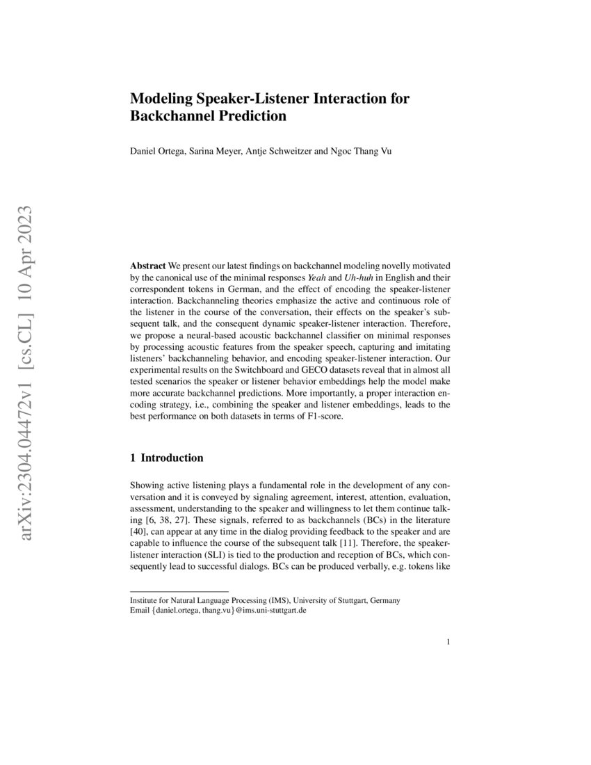 Modeling Speaker-Listener Interaction for Backchannel Prediction | DeepAI
