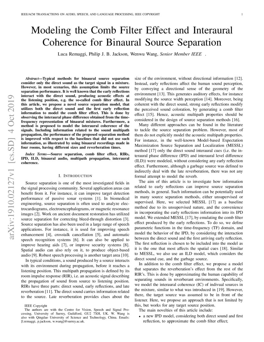 Modeling The Comb Filter Effect And Interaural Coherence For Binaural
