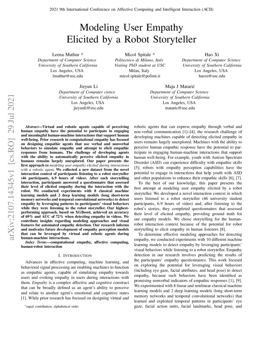 Modeling User Empathy Elicited by a Robot Storyteller | DeepAI