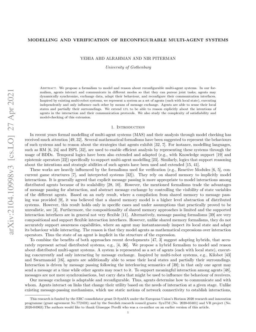 Modelling And Verification Of Reconfigurable Multi Agent Systems Deepai