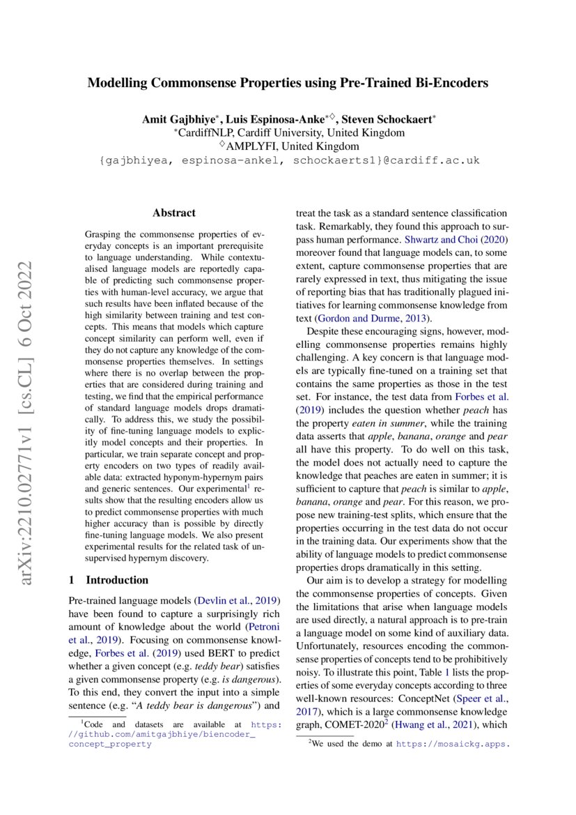 Modelling Commonsense Properties Using Pre Trained Bi Encoders Deepai