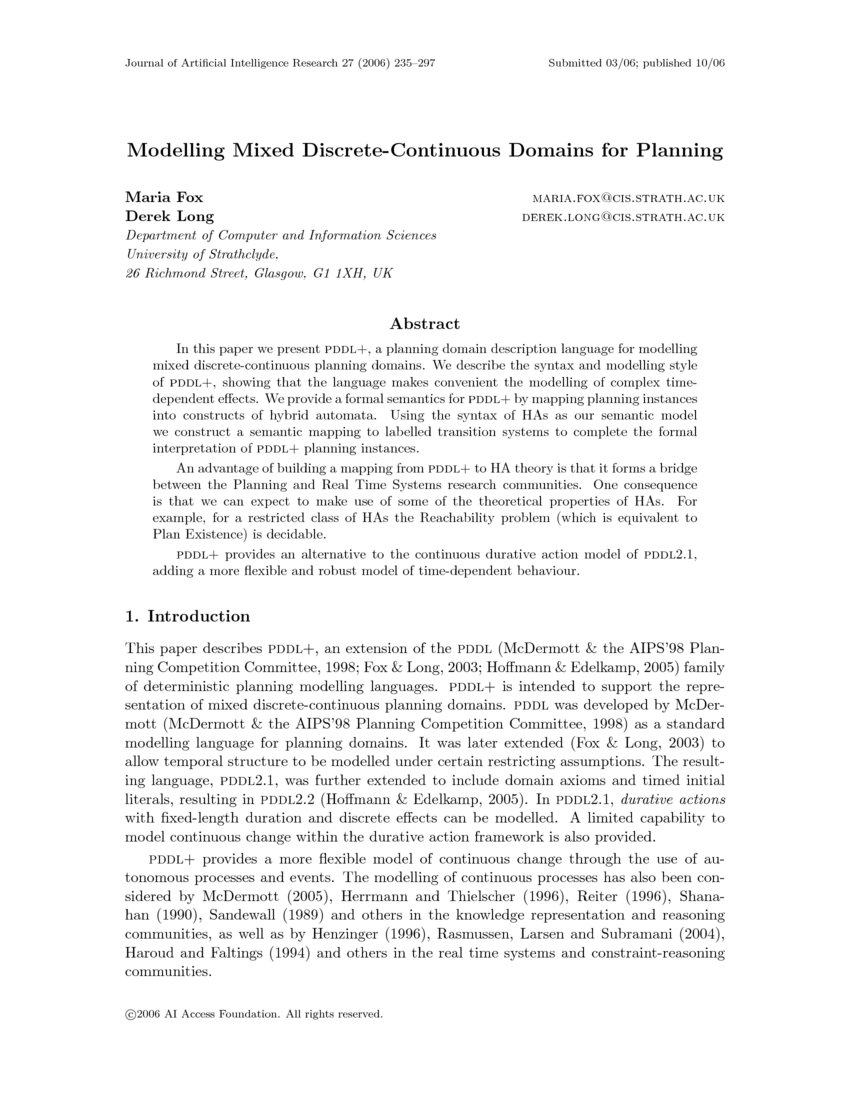 Modelling Mixed Discrete-Continuous Domains for Planning | DeepAI
