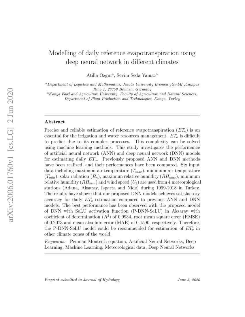 Modelling Of Daily Reference Evapotranspiration Using Deep Neural Network In Different Climates