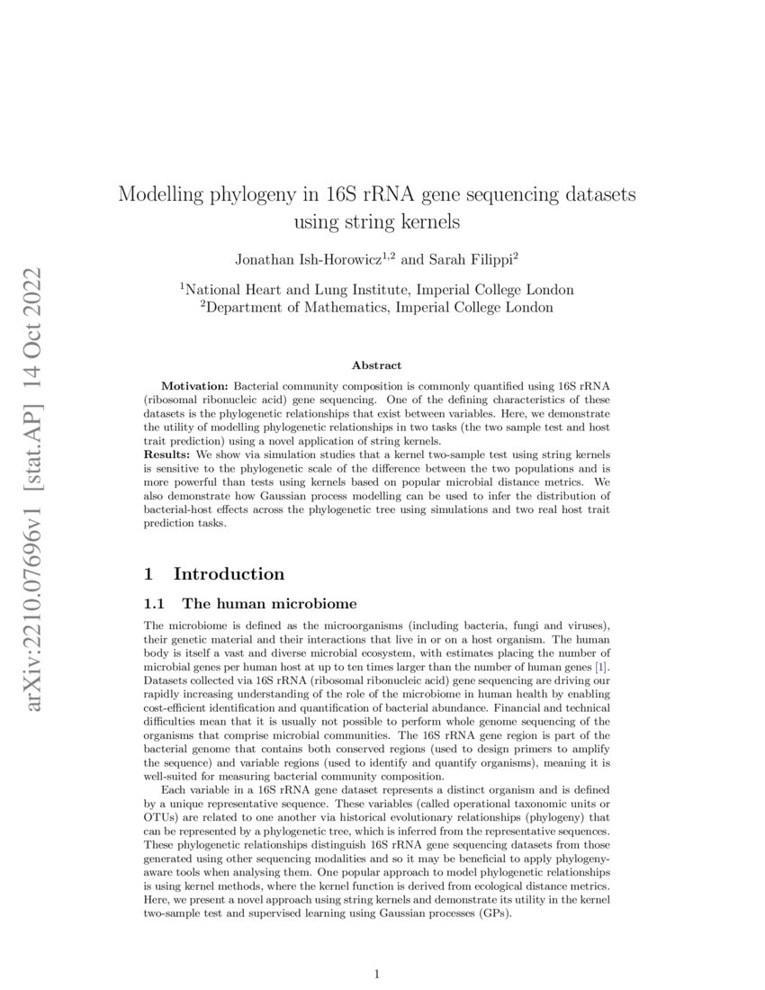 Modelling Phylogeny In 16s Rrna Gene Sequencing Datasets Using String Kernels Deepai