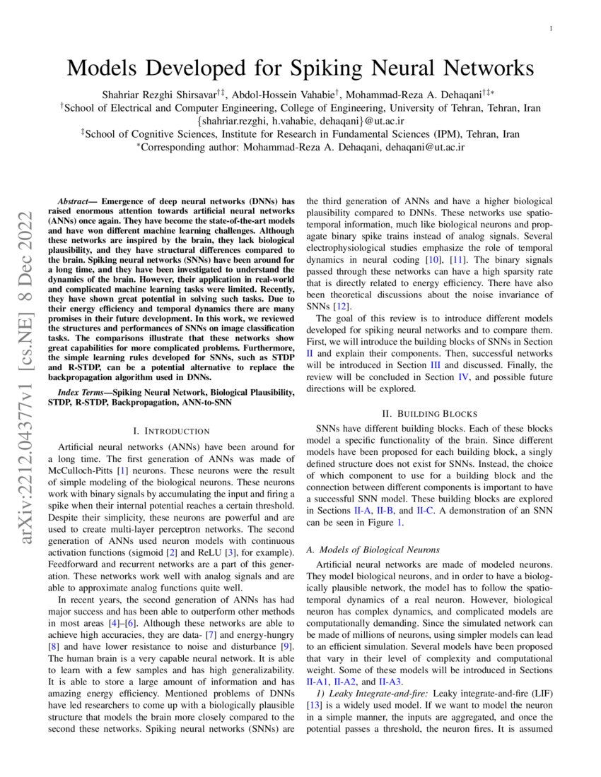 Models Developed For Spiking Neural Networks Deepai