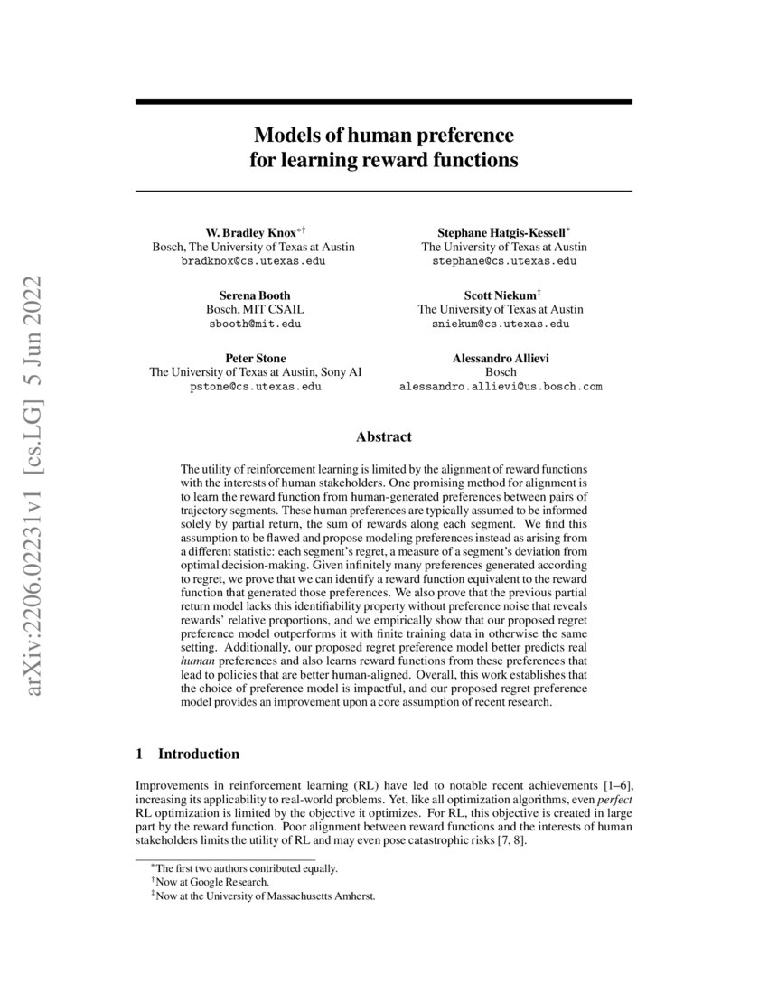 Models of human preference for learning reward functions | DeepAI