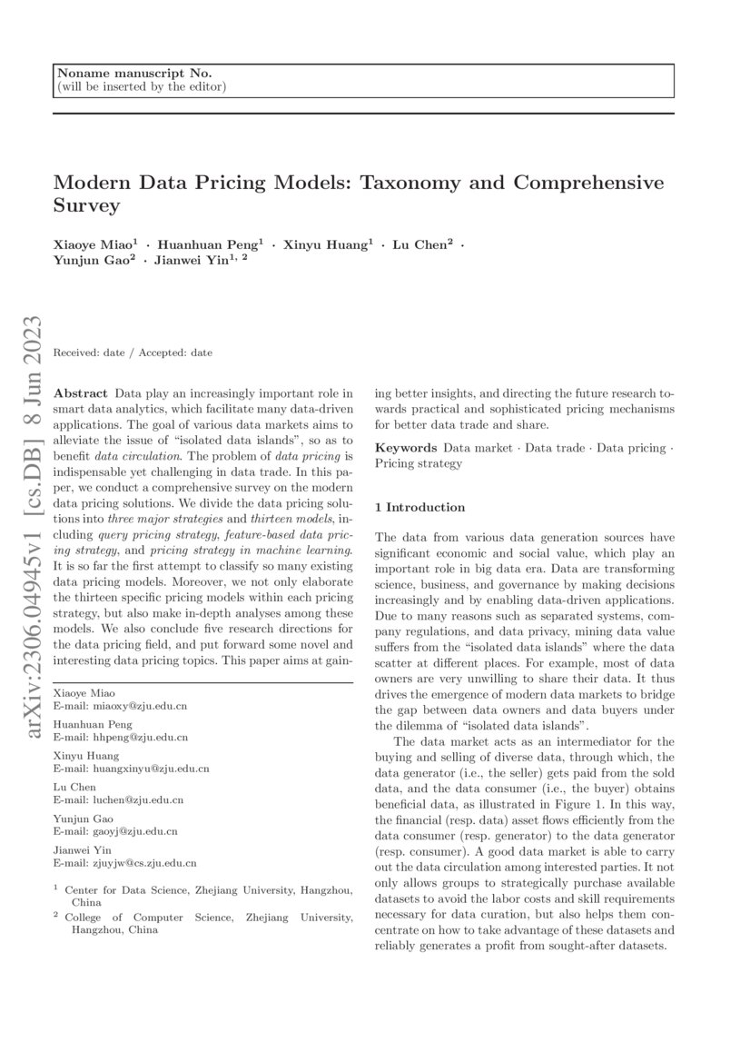 Modern Data Pricing Models: Taxonomy and Comprehensive Survey | DeepAI