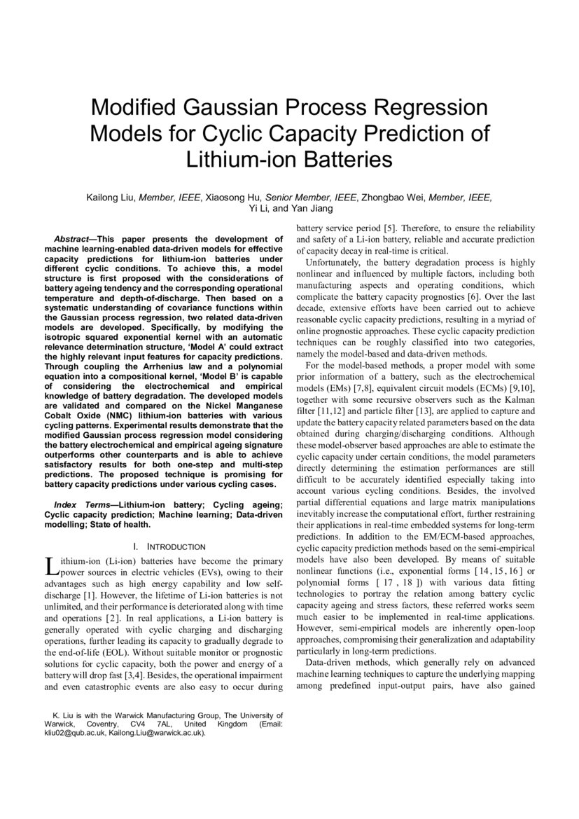 Modified Gaussian Process Regression Models For Cyclic Capacity Prediction Of Lithium Ion