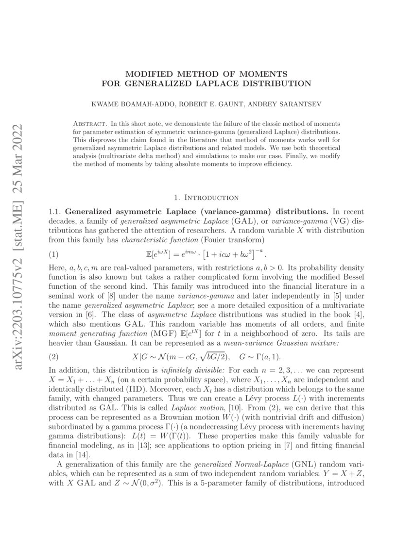 Modified Method of Moments for Generalized Laplace Distributions | DeepAI Modified Method of Moments for Generalized Laplace Distributions | DeepAI