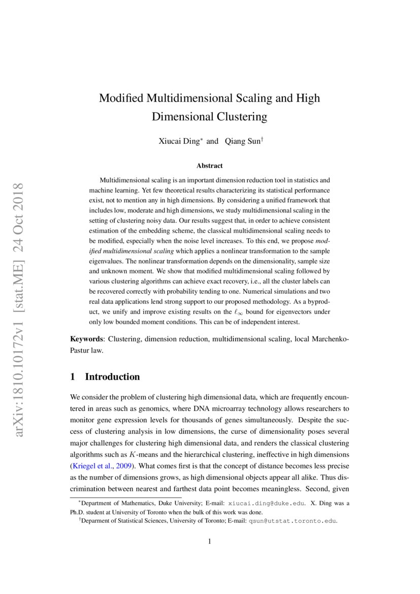 Modified Multidimensional Scaling And High Dimensional Clustering Deepai