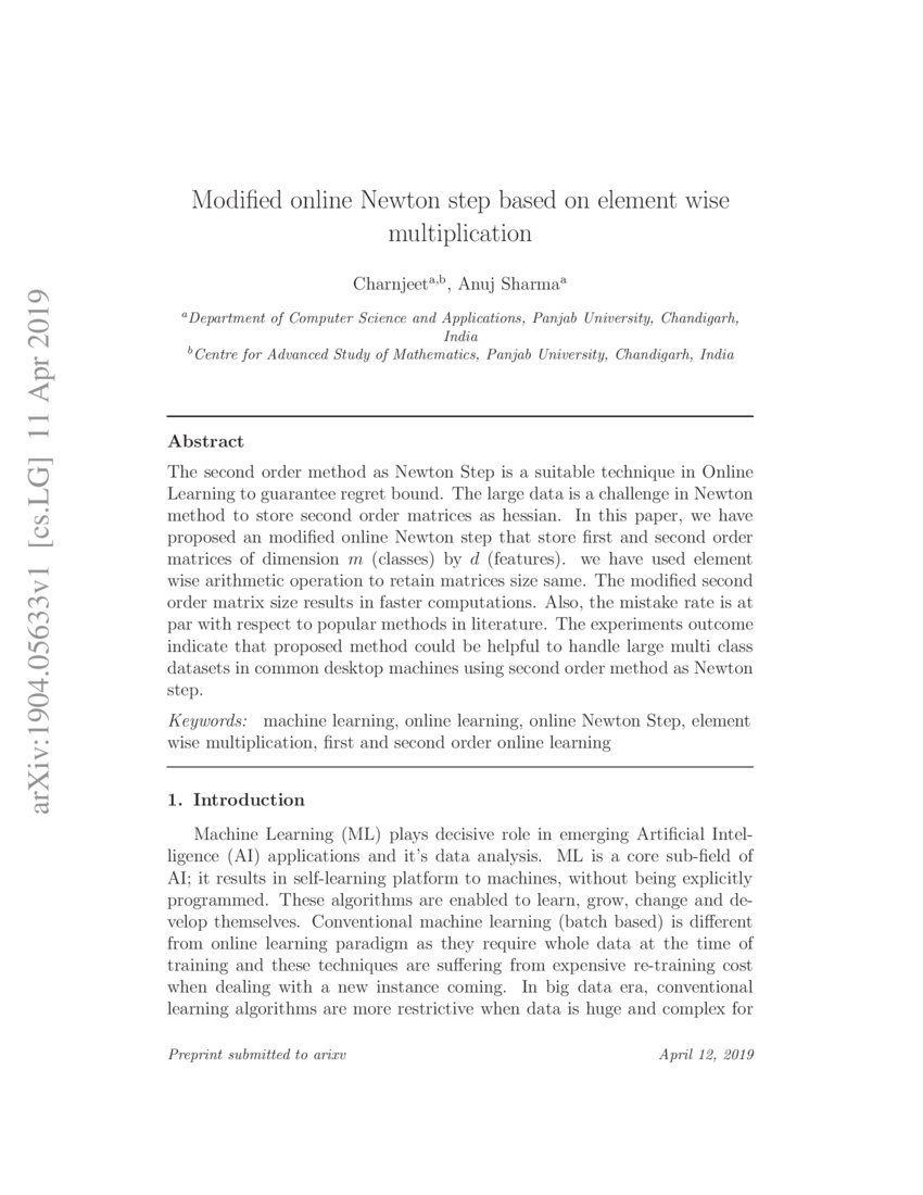 Modified online Newton step based on element wise multiplication | DeepAI