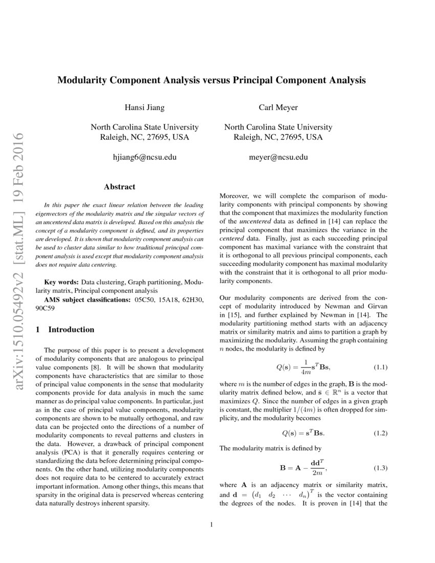 Modularity Component Analysis versus Principal Component Analysis | DeepAI