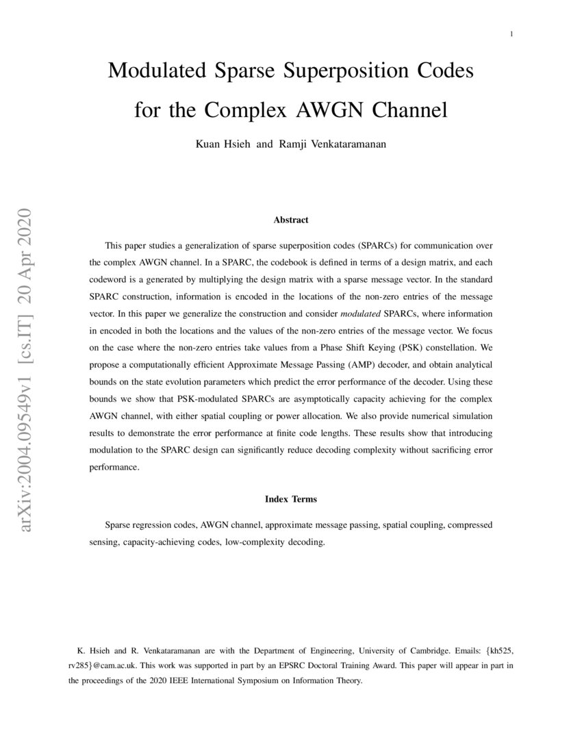 Modulated Sparse Superposition Codes for the Complex AWGN Channel | DeepAI