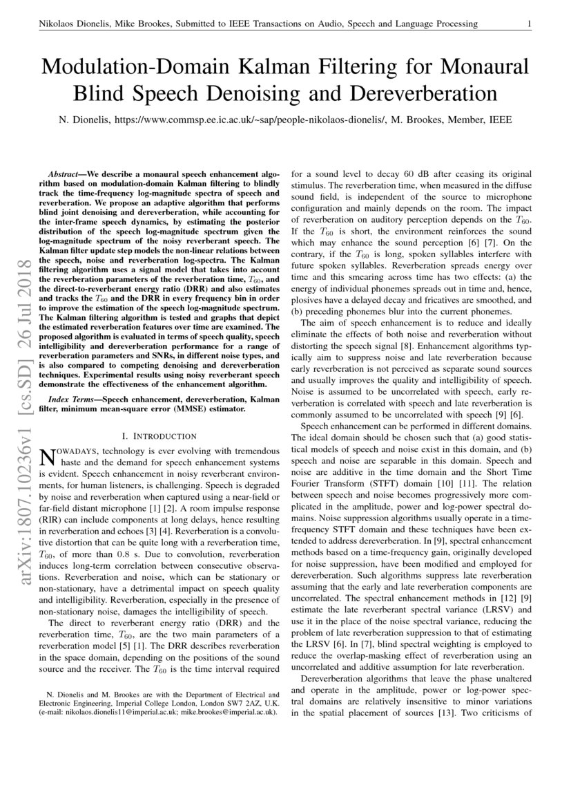 Modulation-Domain Kalman Filtering for Monaural Blind Speech Denoising and Dereverberation | DeepAI