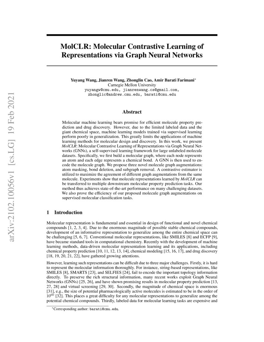 MolCLR: Molecular Contrastive Learning of Representations via Graph ...