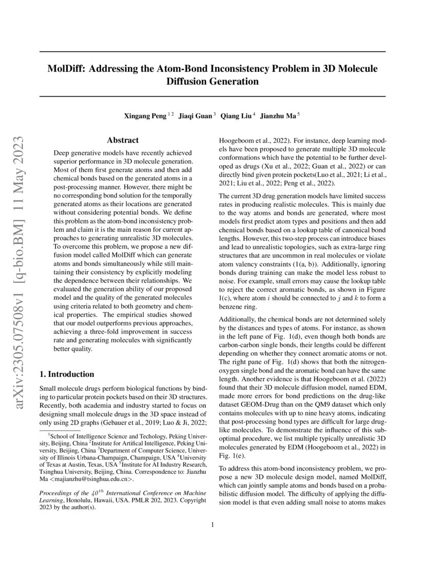 MolDiff: Addressing the Atom-Bond Inconsistency Problem in 3D Molecule Diffusion Generation | DeepAI