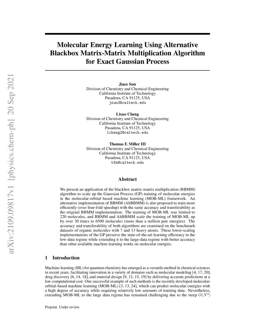 Molecular Energy Learning Using Alternative Blackbox Matrix-Matrix ... Molecular Energy Learning Using Alternative Blackbox Matrix-Matrix ...