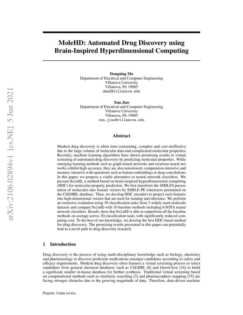 MoleHD: Automated Drug Discovery using Brain-Inspired Hyperdimensional Computing | DeepAI