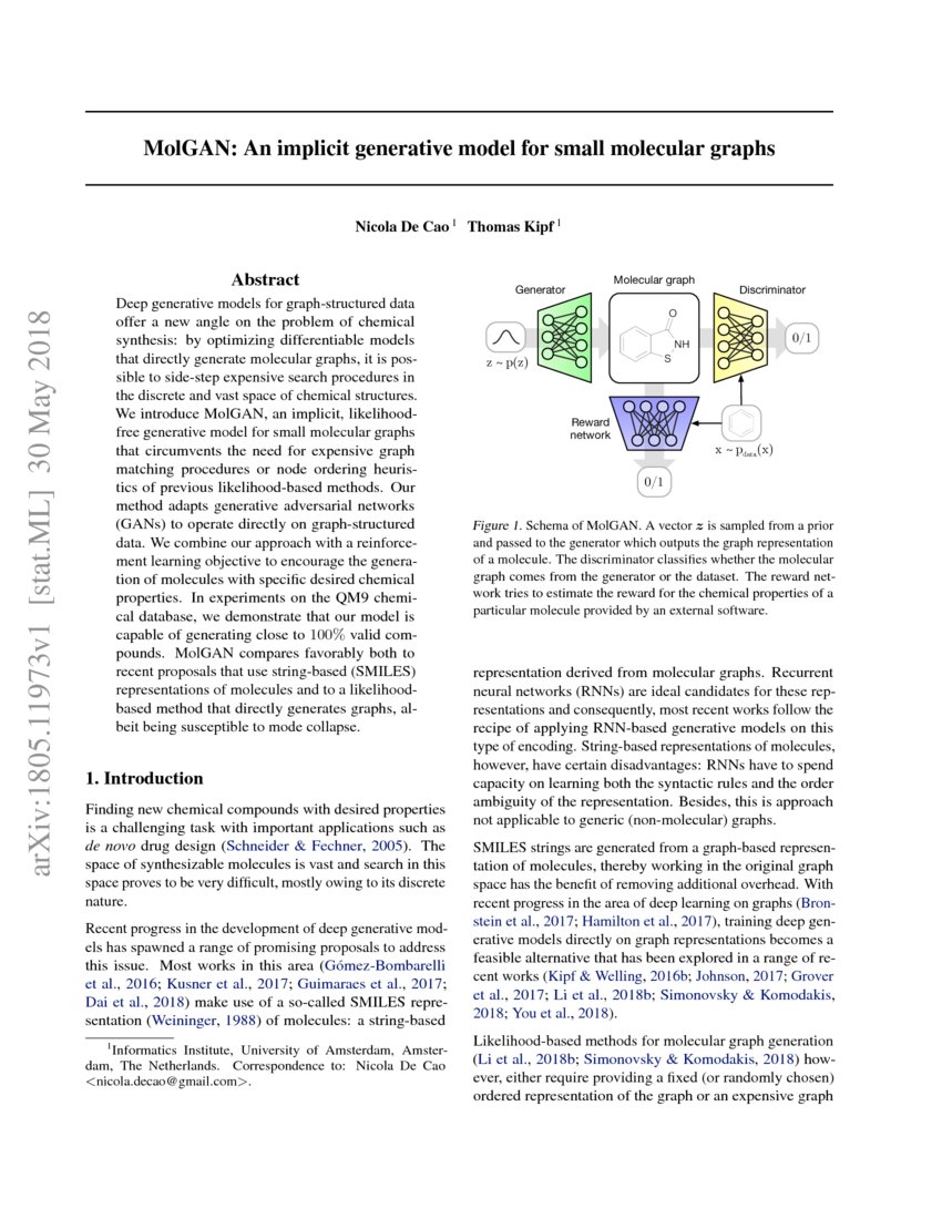 MolGAN: An implicit generative model for small molecular graphs | DeepAI