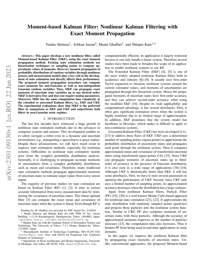 Moment Based Kalman Filter Nonlinear Kalman Filtering With Exact Moment Propagation Deepai