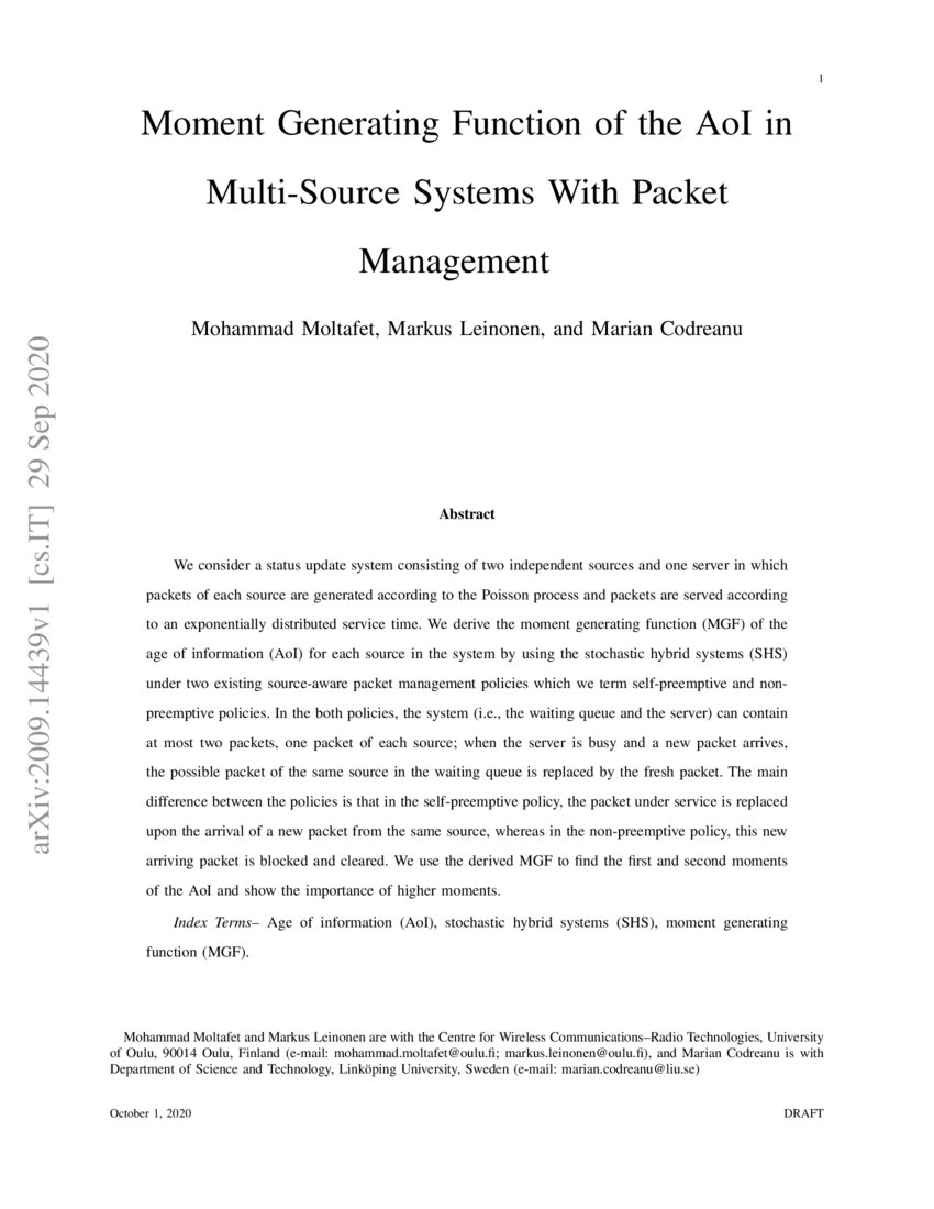 Moment Generating Function Of The Aoi In Multi Source Systems With Packet Management Deepai