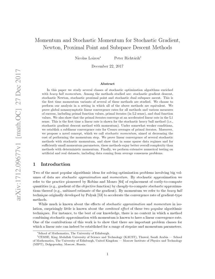 Momentum and Stochastic Momentum for Stochastic Gradient, Newton, Proximal Point and Subspace ...