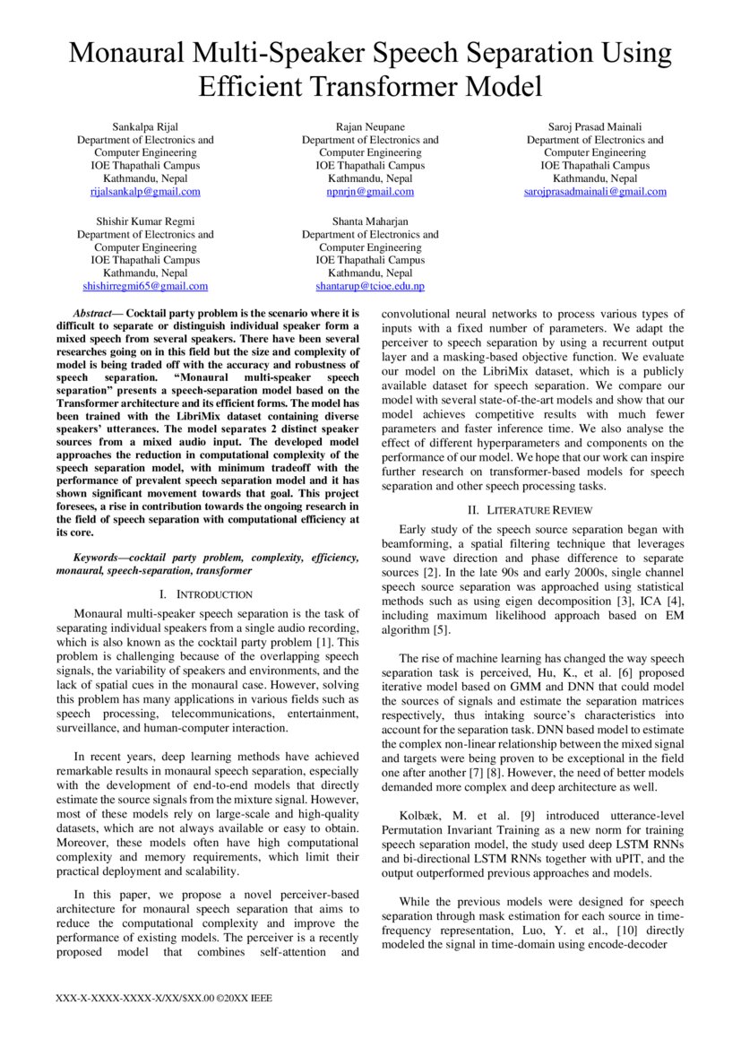 Monaural Multi Speaker Speech Separation Using Efficient Transformer Model Deepai