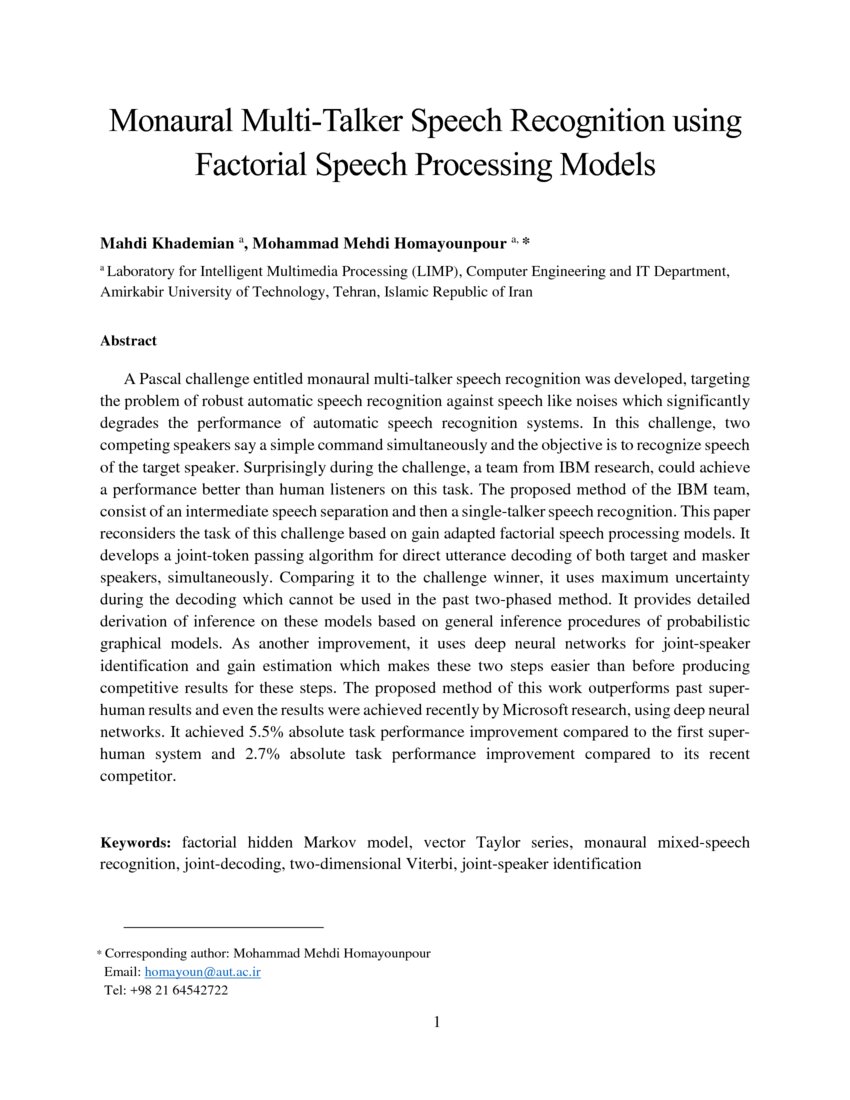 Monaural Multi Talker Speech Recognition Using Factorial Speech Processing Models Deepai