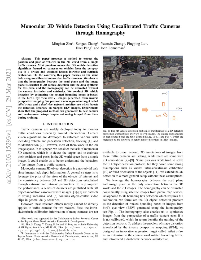 Monocular 3d Vehicle Detection Using Uncalibrated Traffic Cameras Through Homography Deepai