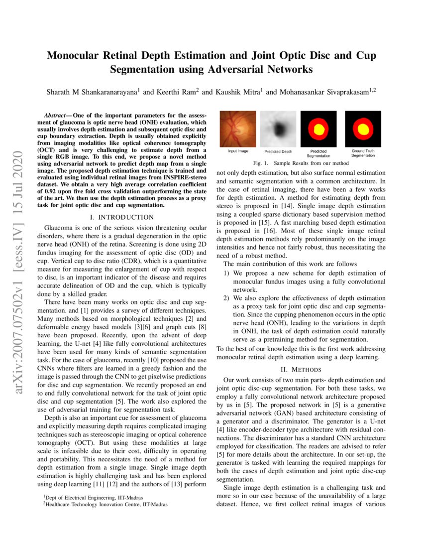 Monocular Retinal Depth Estimation And Joint Optic Disc And Cup Segmentation Using Adversarial
