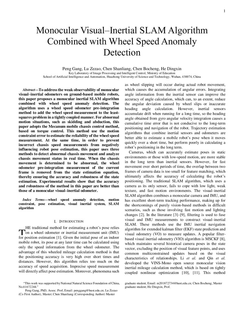 Monocular visual-inertial SLAM algorithm combined with wheel speed ...