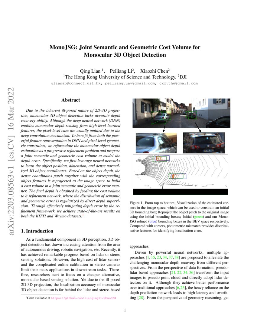 Monojsg Joint Semantic And Geometric Cost Volume For Monocular 3d Object Detection Deepai